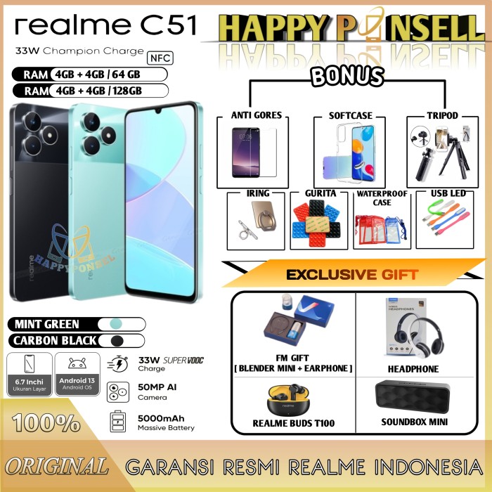 REALME C51 RAM 4/128 NFC | REALME C 51 RAM 4/64 GARANSI RESMI REALME - N50 4/64 BLUE, NO BONUS