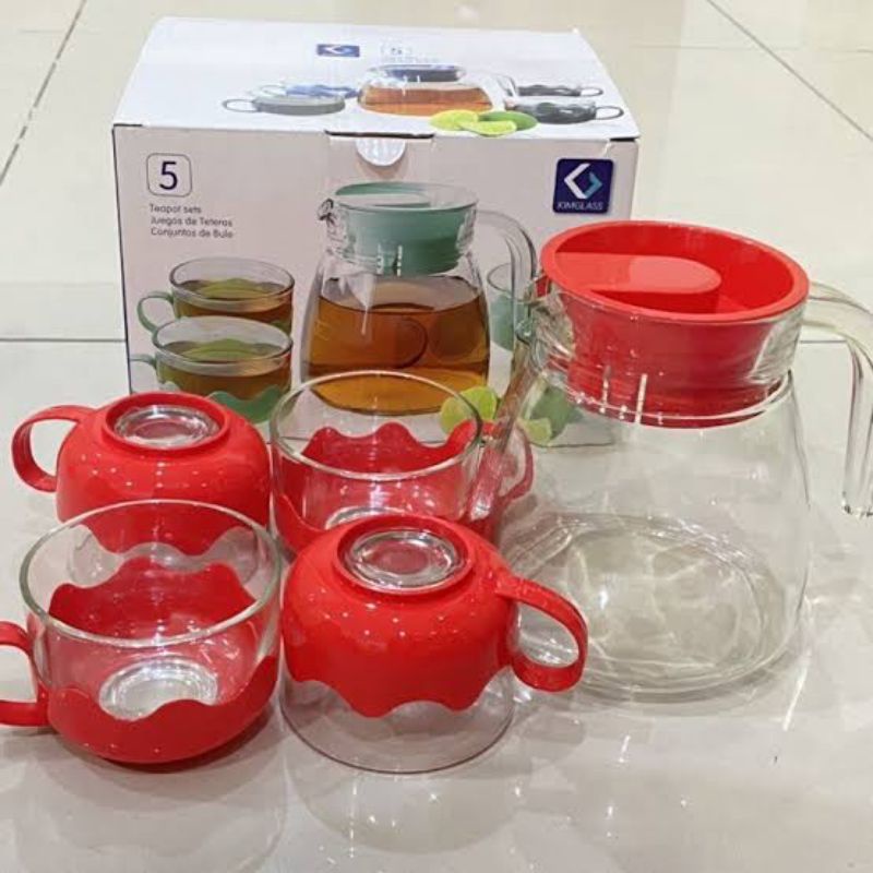 TEA POT SET 5 IN 1 TEMPAT MINUM TEH TEKO SET CANGKIR KACA TEAPOT GELAS