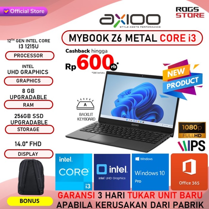 AXIOO MYBOOK Z6 Z10 METAL CORE I3-1215U/I5-1235U 16GB 512 SSD FHD IPS - Z6 BLACK, STANDARD