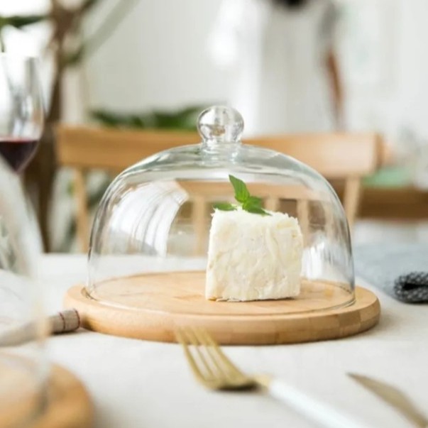 TEMPAT KUE ROUND WOODEN CAKE STAND WITH GLASS DOME COVER CAKE DISPLAY ...