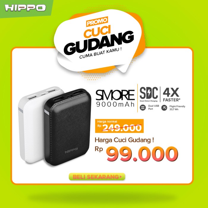 HIPPO POWER BANK 9000MAH SMORE NEW PACK - PUTIH