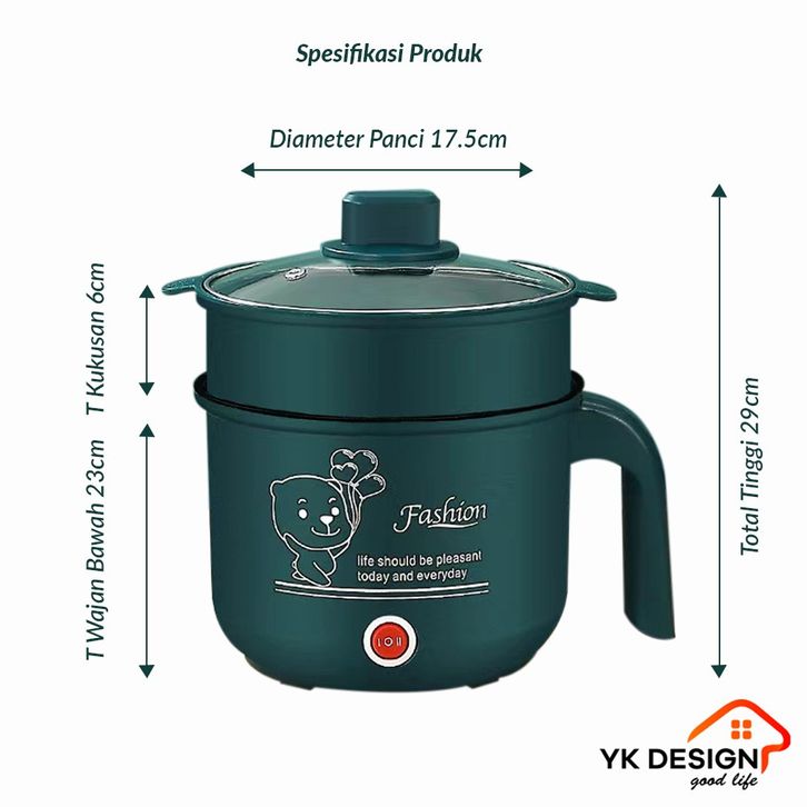 YK DESIGN YK-801A HIJAU Panci Listrik Multifungsi Dengan Kukusan 0.8L