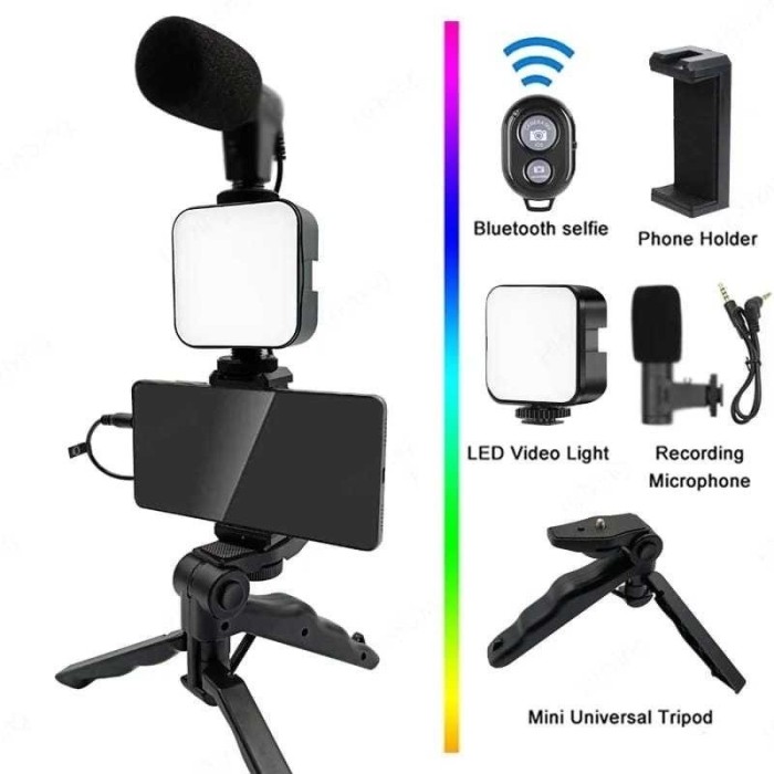 VLOGGING KIT PAKET VLOG 5IN1 AY49 LED TRIPOD HOLDER MICROPHONE REMOTE