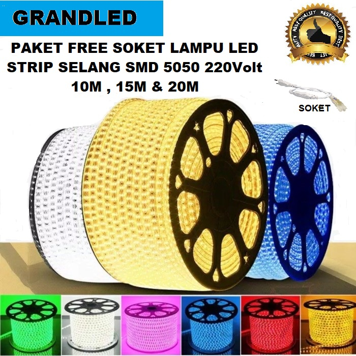 LAMPU SELANG LED STRIP SMD 5050 220V PAKET 10M , 15M , 20M FREE SOKET ...